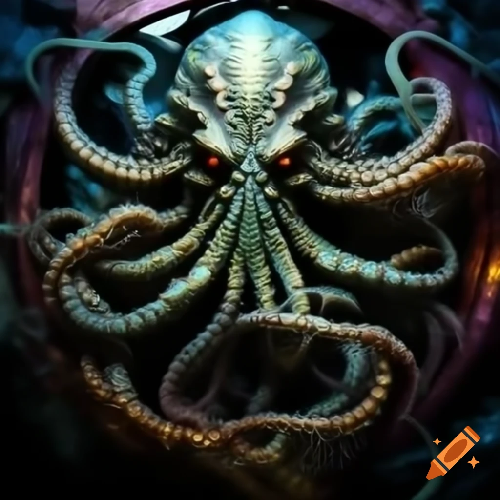 Fractal rainbow Cthulhu squid humanoid viewed through broken mirror shards on Craiyon