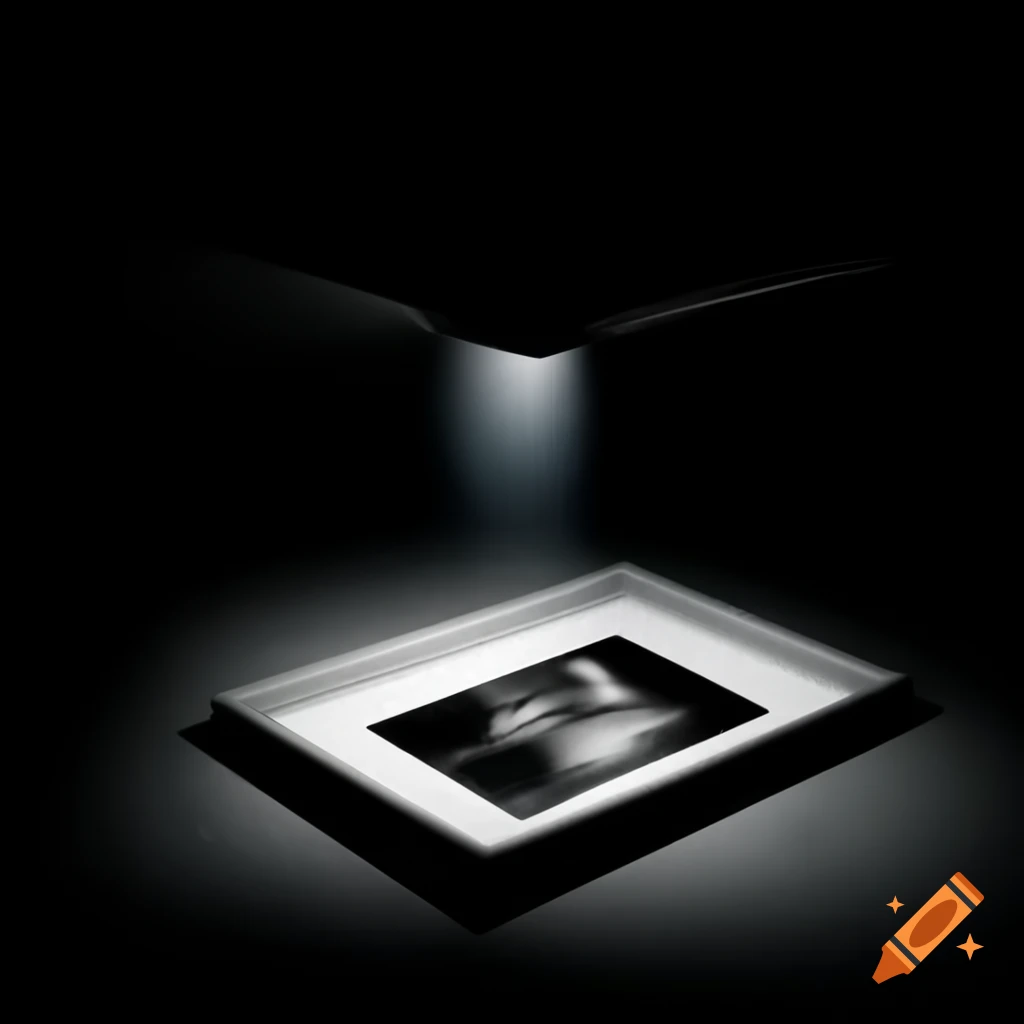 Photographic print emerging from developing tray in a darkroom on Craiyon