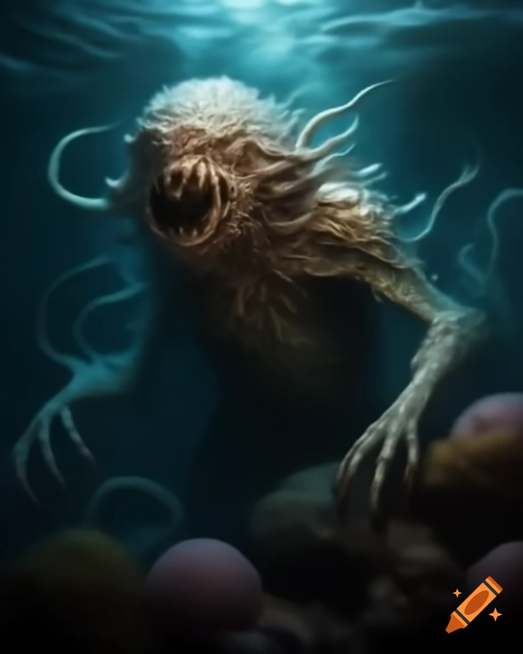Deformed monstrous sea creature with astronaut wendigo in dark fantasy ...