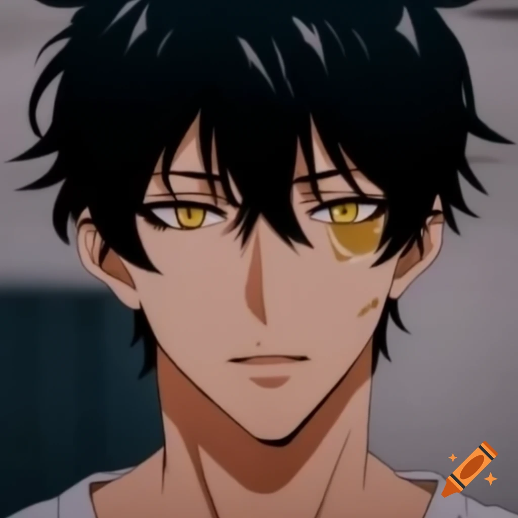 Anime male character with tan skin, black hair, gold eyes and golden ...