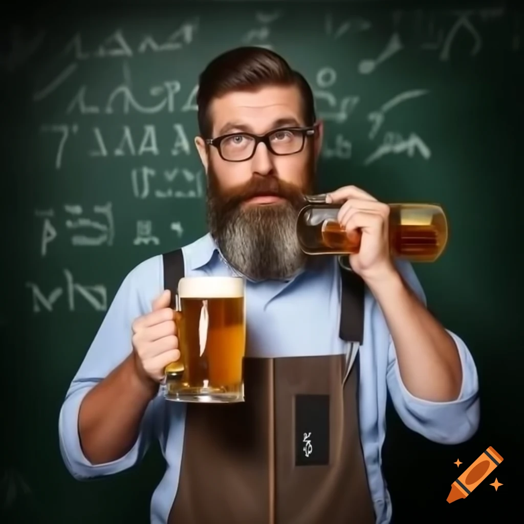 Old professor with beard and glasses enjoying beer in front of math chalkboard on Craiyon