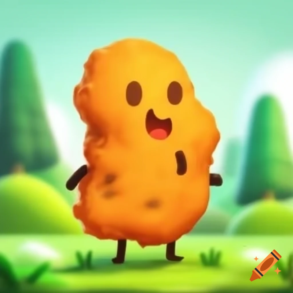 Dancing chicken nugget with a funny face on grass landscape on Craiyon