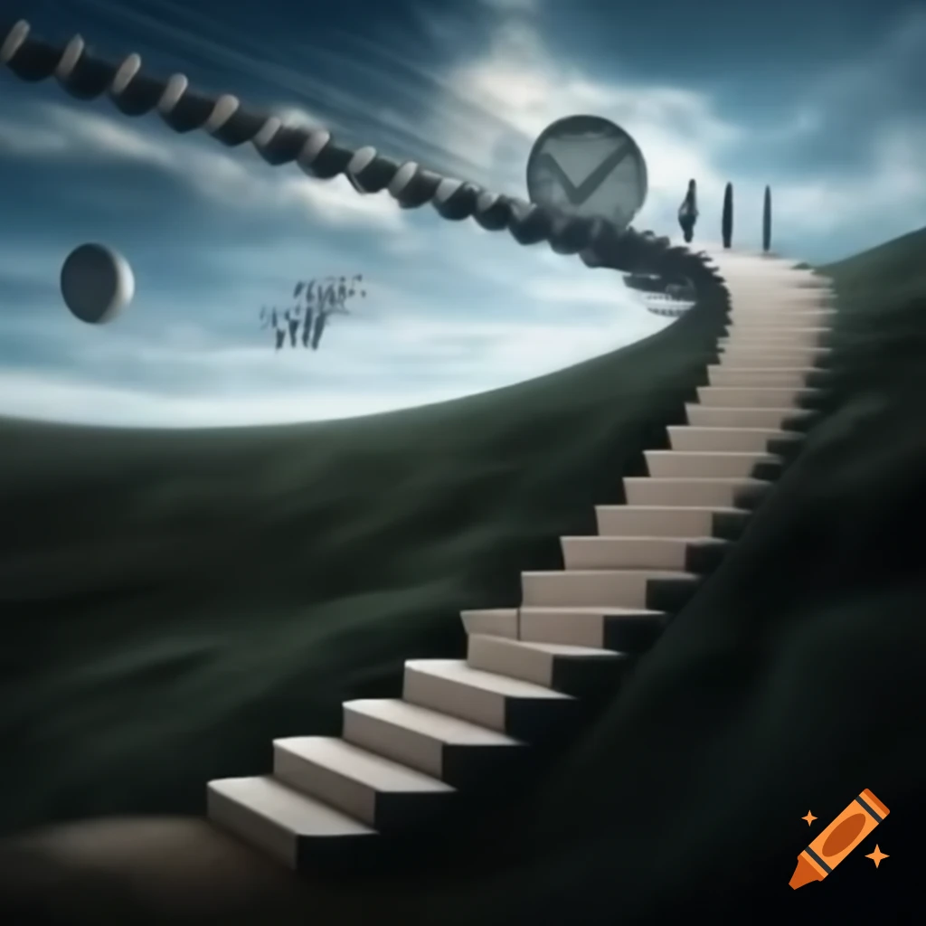 Surrealist scene with flying clocks and round stairs in dreamlike ...