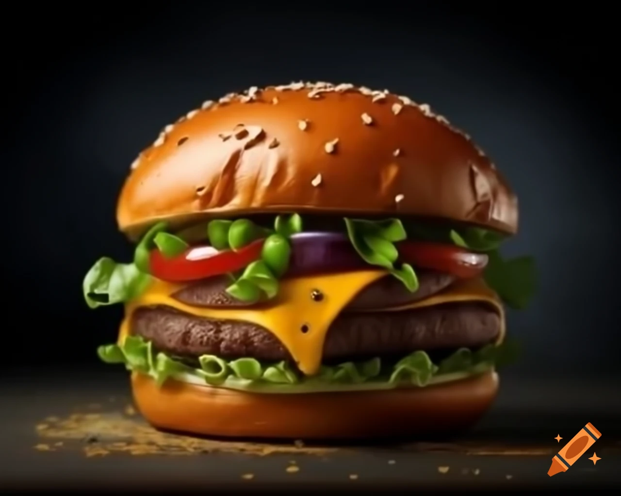 Realistic burger with menacing red eyes and sharp teeth on Craiyon