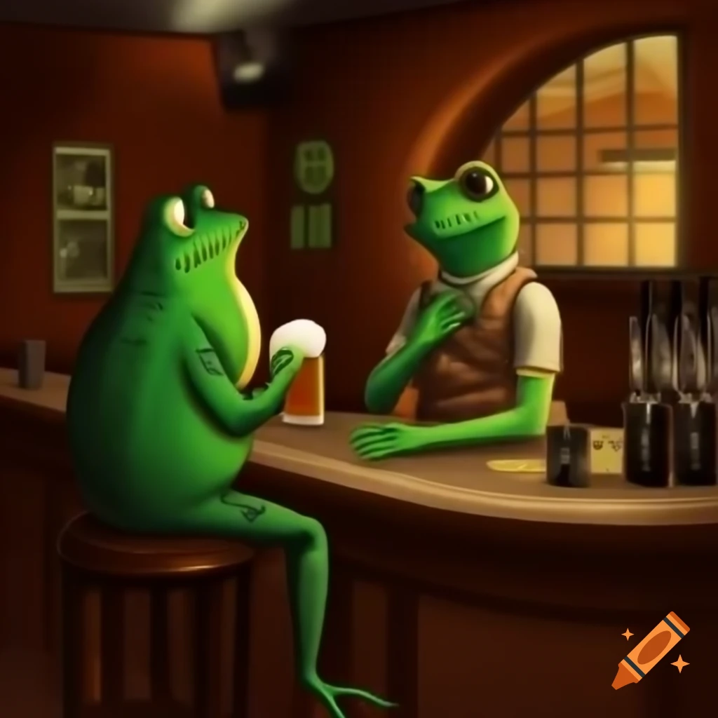 Frog at bar enjoying beer and chatting with bartender frog on Craiyon