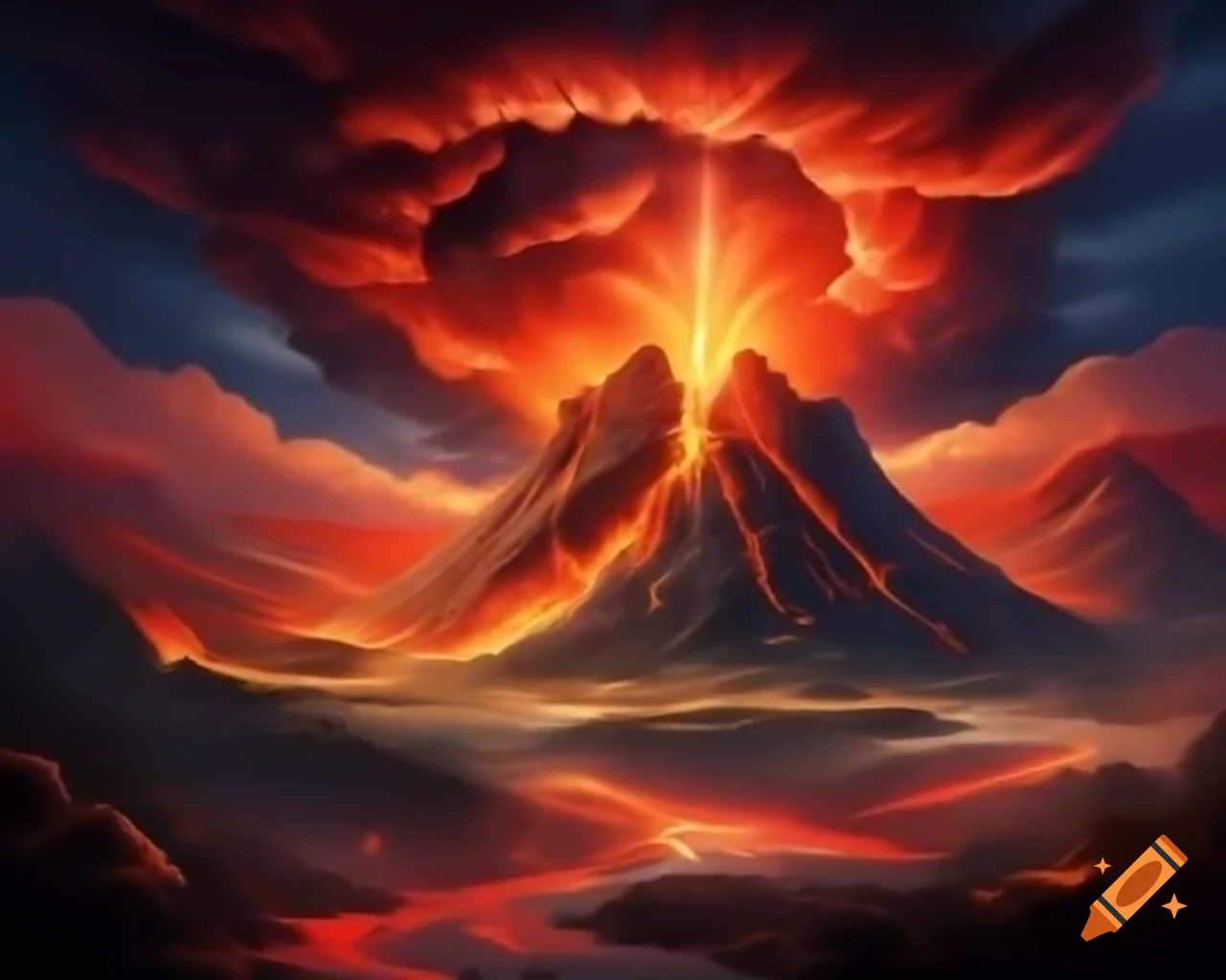 Interior view of a volcano with flowing lava on Craiyon