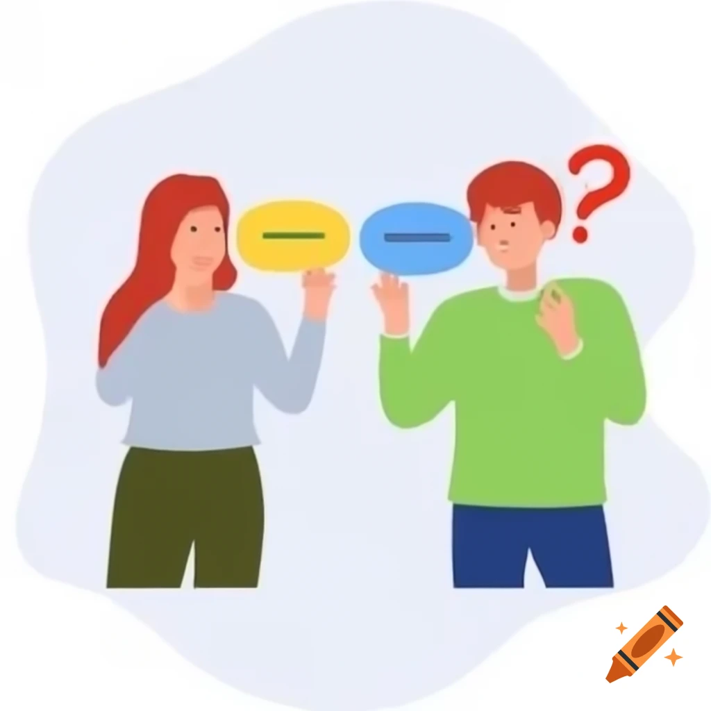 Two people showing confused expressions with mismatched speech bubbles ...