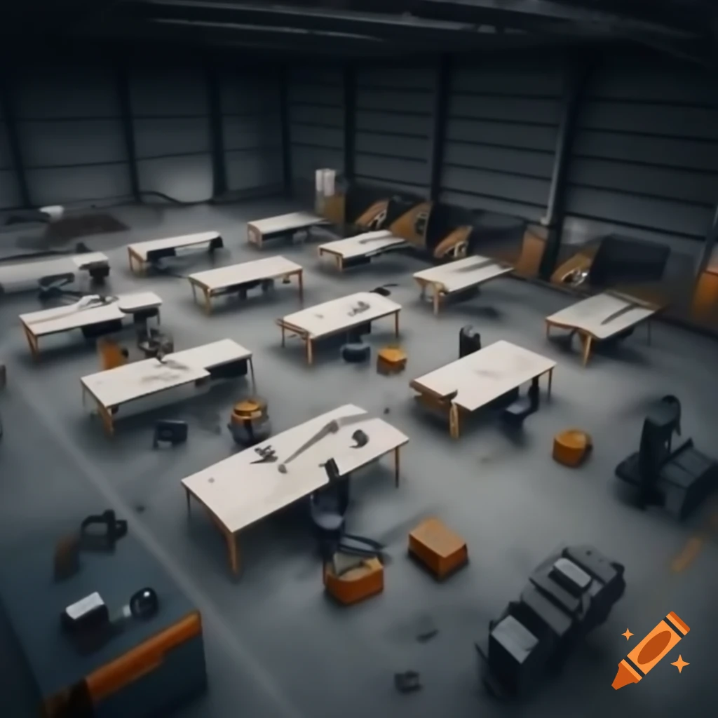 Hangar with desks and technicians repairing disassembled UAVs on Craiyon