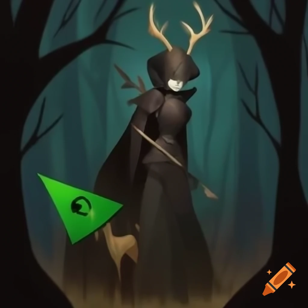 Dark knight with deer antler helmet and green banner in spooky forest ...
