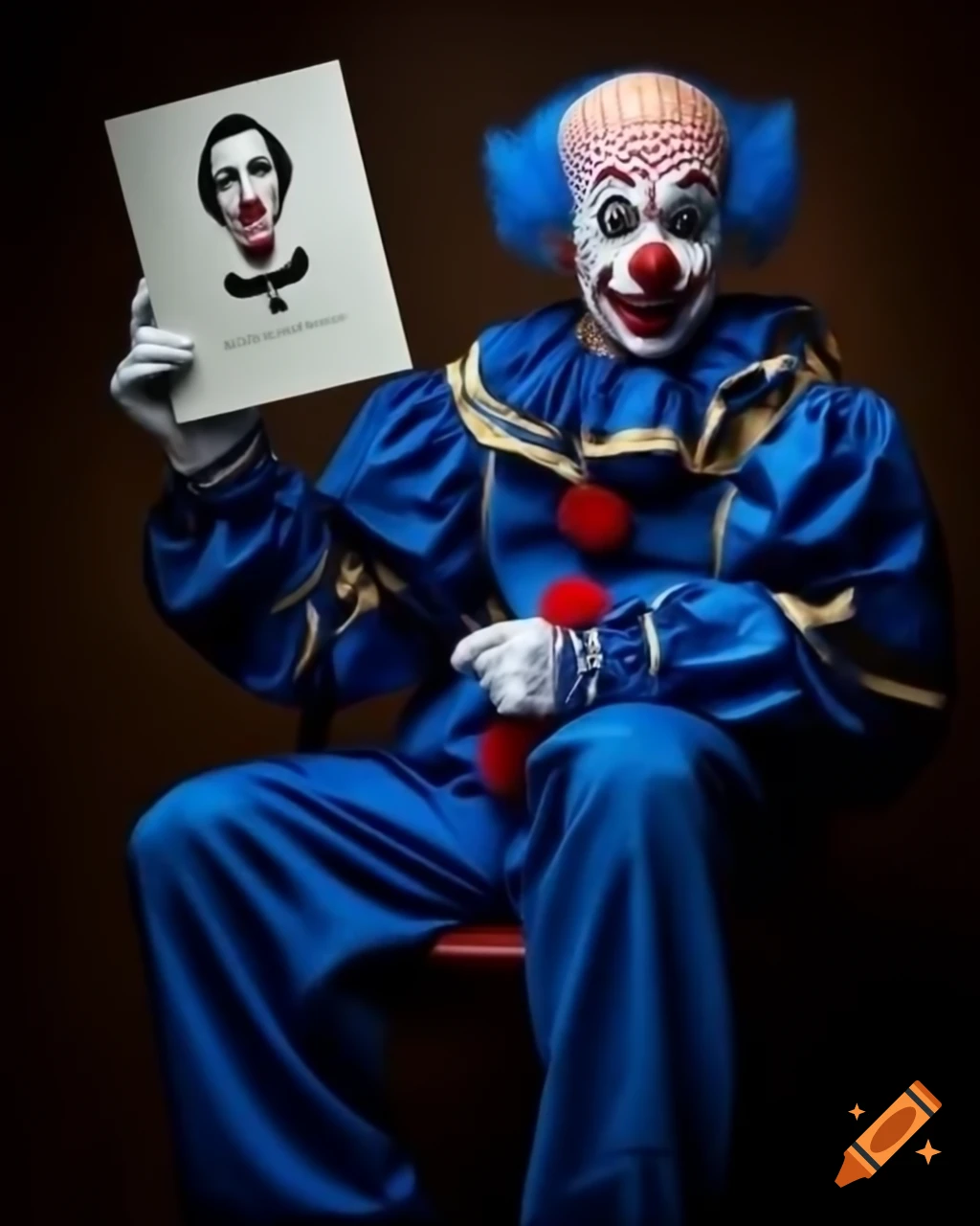 Conservative clown with blue hair holding a large sign ...
