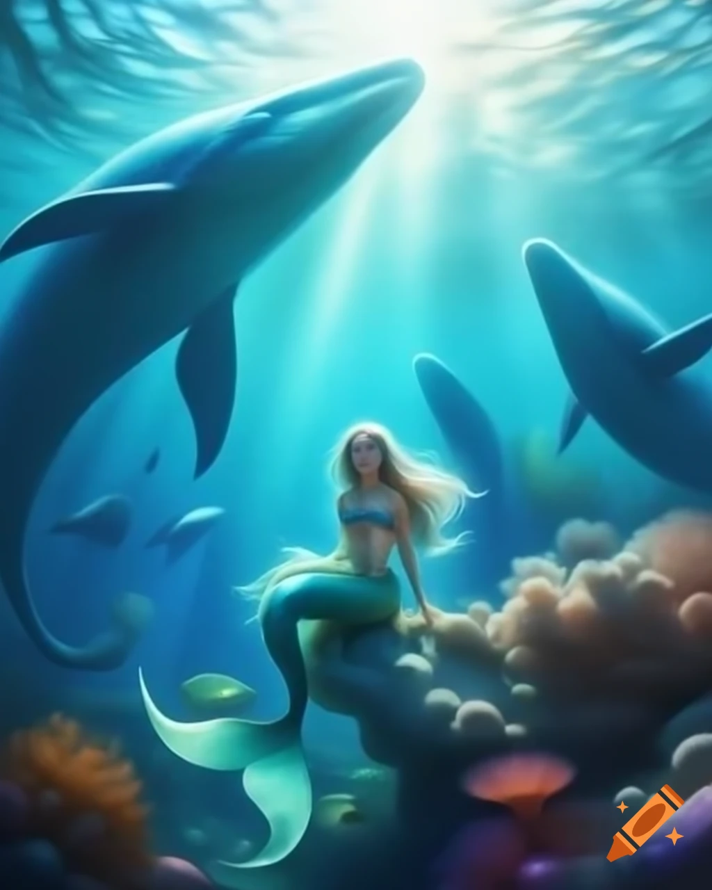 Mermaid surrounded by whales and bioluminescent fish in coral reef ...