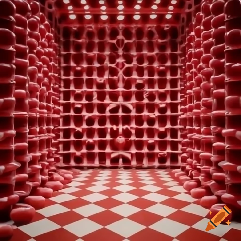 Surreal red and white room with chess-board walls and masks emerging ...