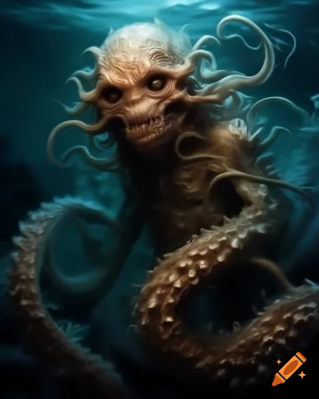 Deformed monstrous sea creature with astronaut wendigo in dark fantasy ...