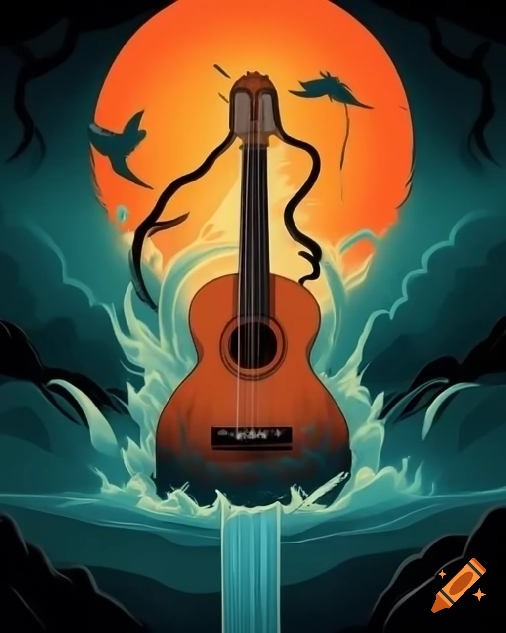 Guitar weeping with streams of water from strings on hot sandy ...