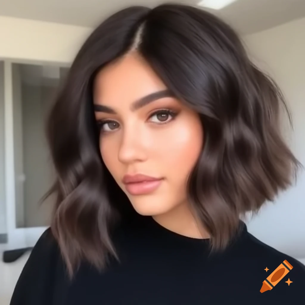 Mediterranean woman with asymmetrical bob and thick dark brown hair on ...