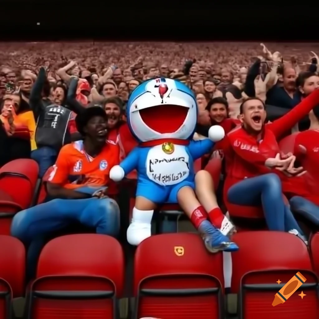 Doraemon in Liverpool gear sitting among fans at Anfield stadium ...