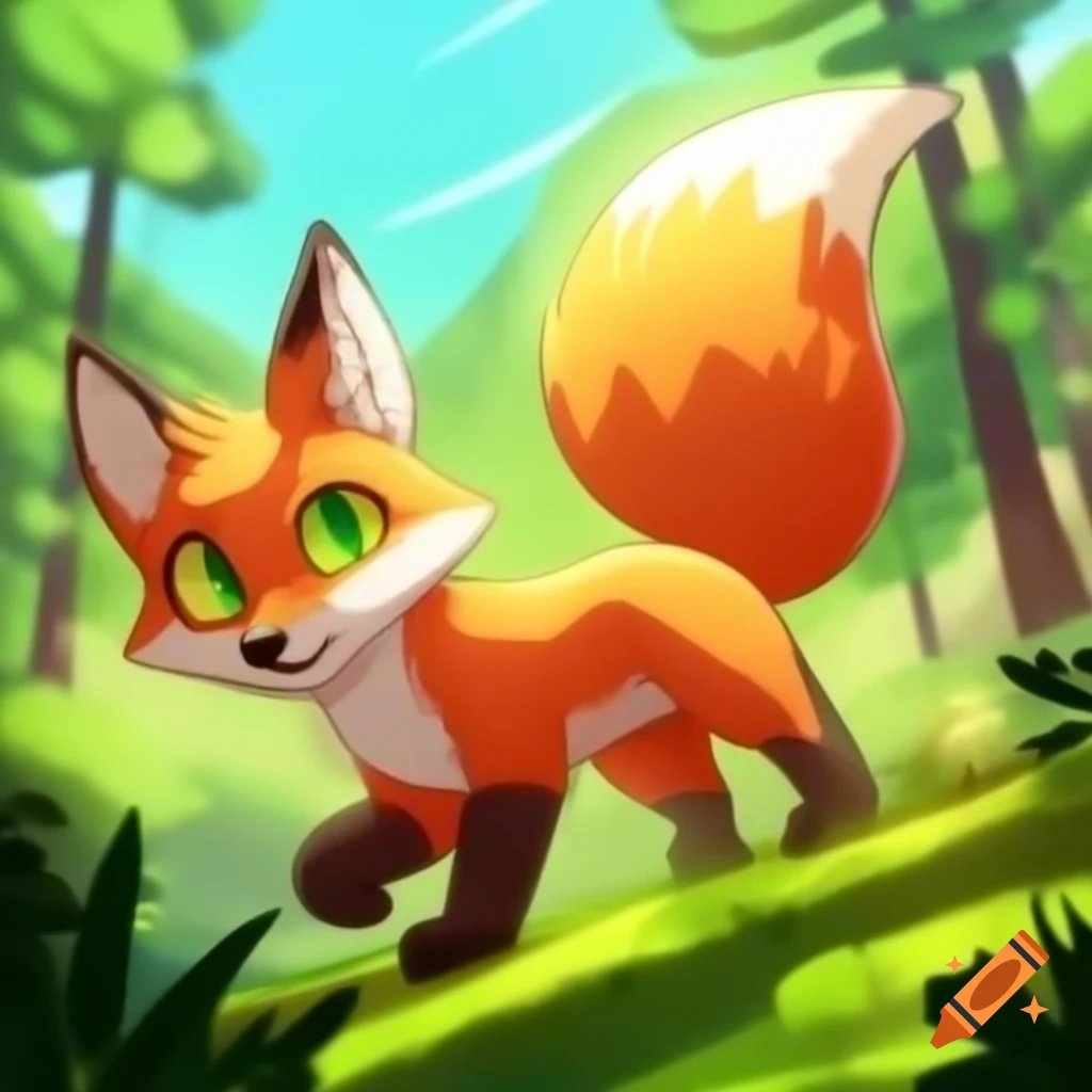 Electric fox with big tail and green eyes in sunny forest, Pokemon ...