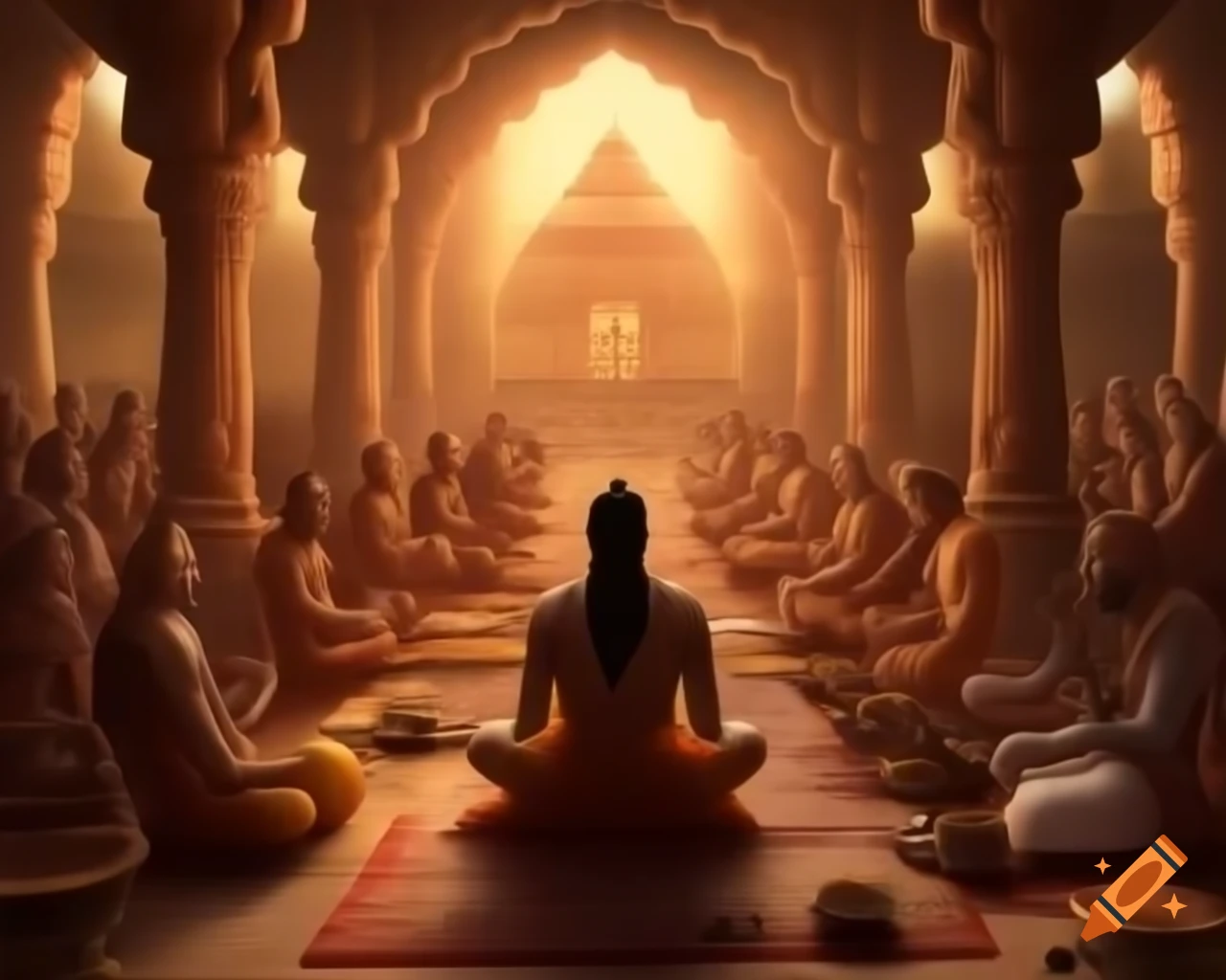 Ancient Indian Gurukul with Guru and shishyas gathered in learning on ...