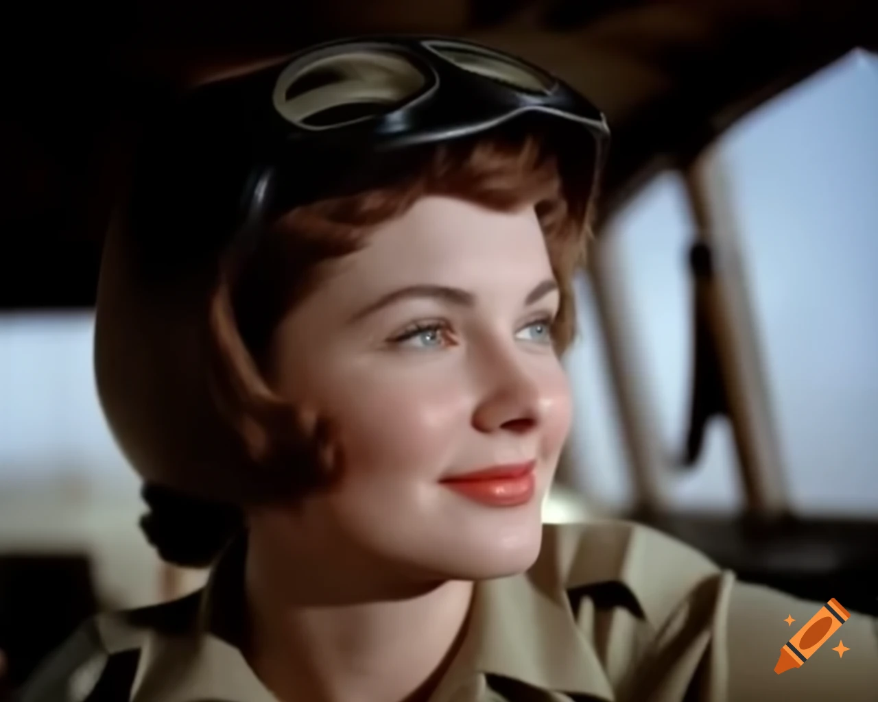 Close-up of a beautiful army pilot woman from the 1950s with light ...