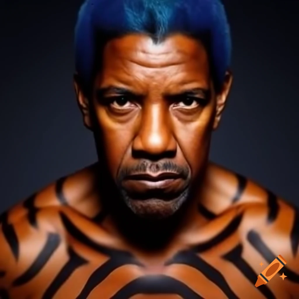 Muscular man with tiger-style makeup featuring blue hair and orange ...
