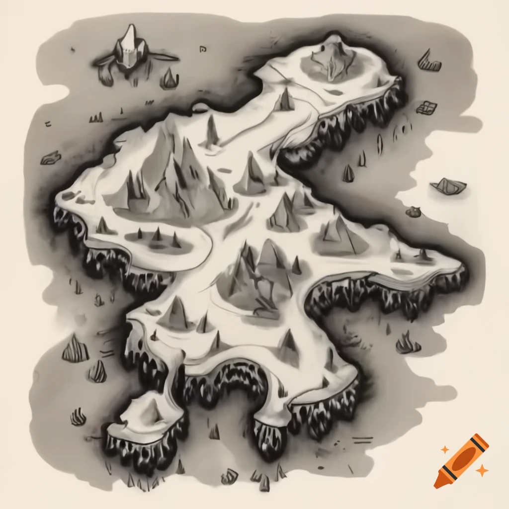 Crayon sketch map of dark fantasy Viking land with mountains and fjords ...