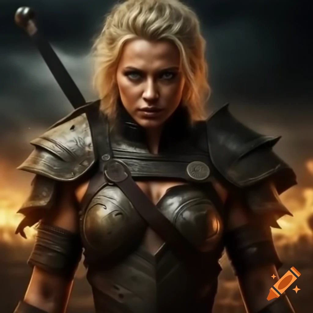 Fierce female warrior with blonde hair in leather armor wielding a massive sword during a storm ...