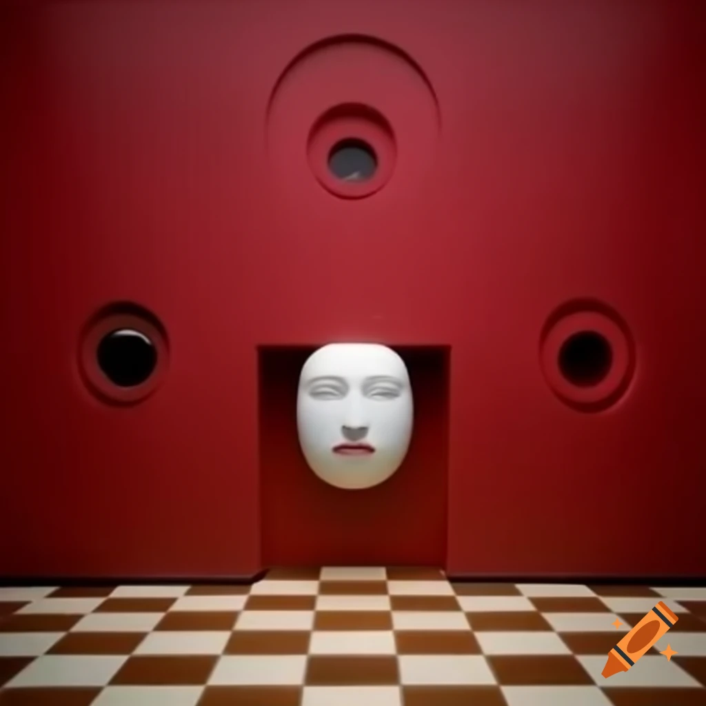 Liminal space with red and white walls, human faces emerging from ...