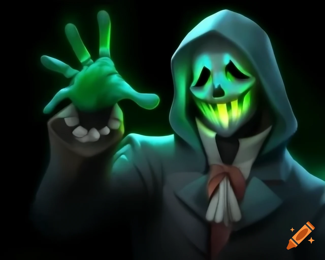 Eerie glowing green ghost in 18th-century suit with masquerade mask ...