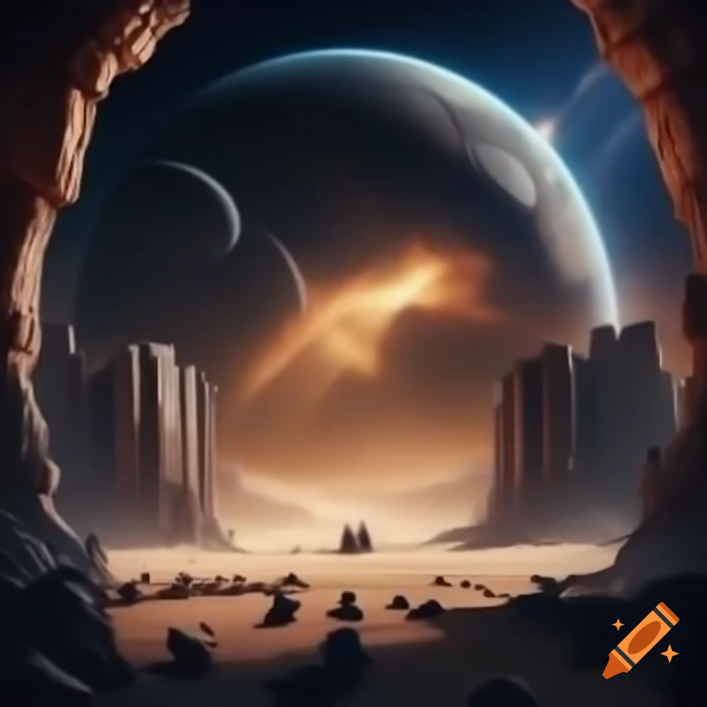 Battle on alien desert planet with energy silos and spacecraft on Craiyon