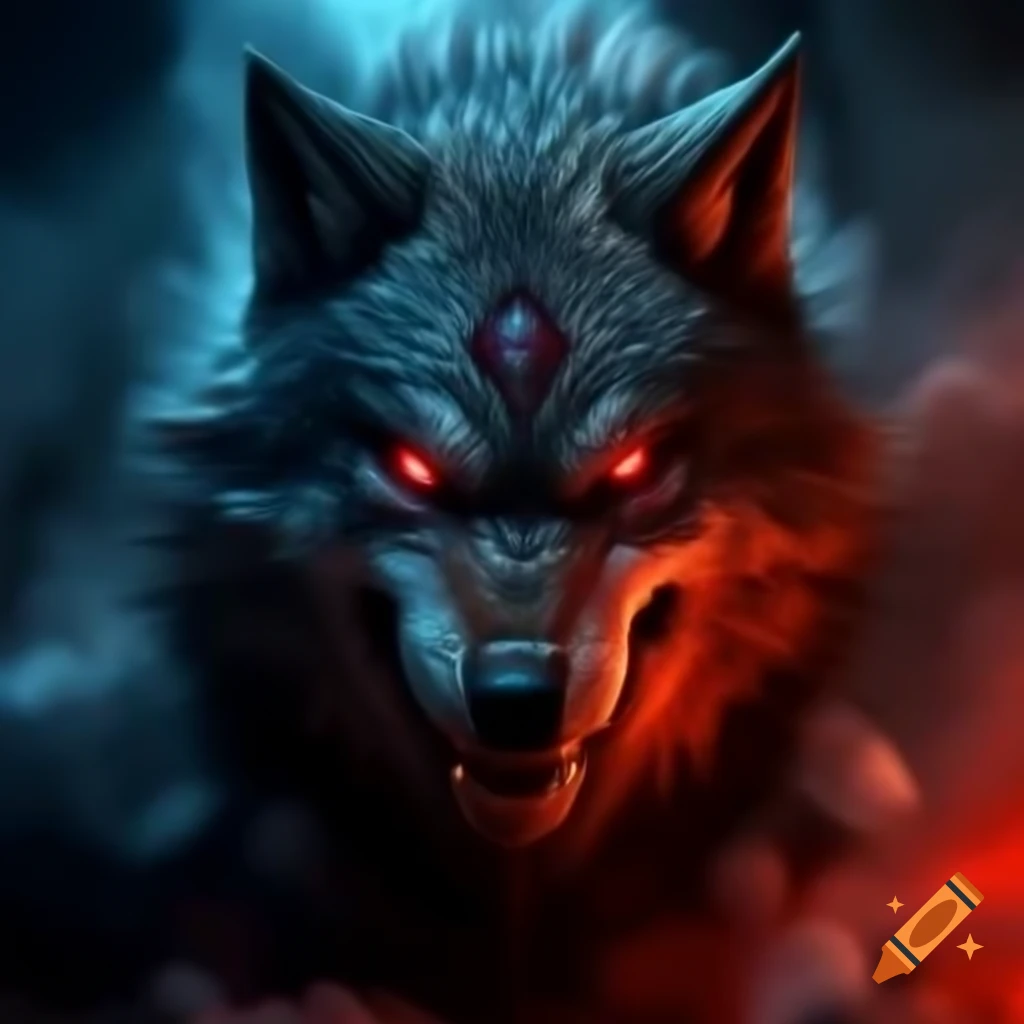 Demonic wolf with glowing red eyes surrounded by smoke, intense design ...