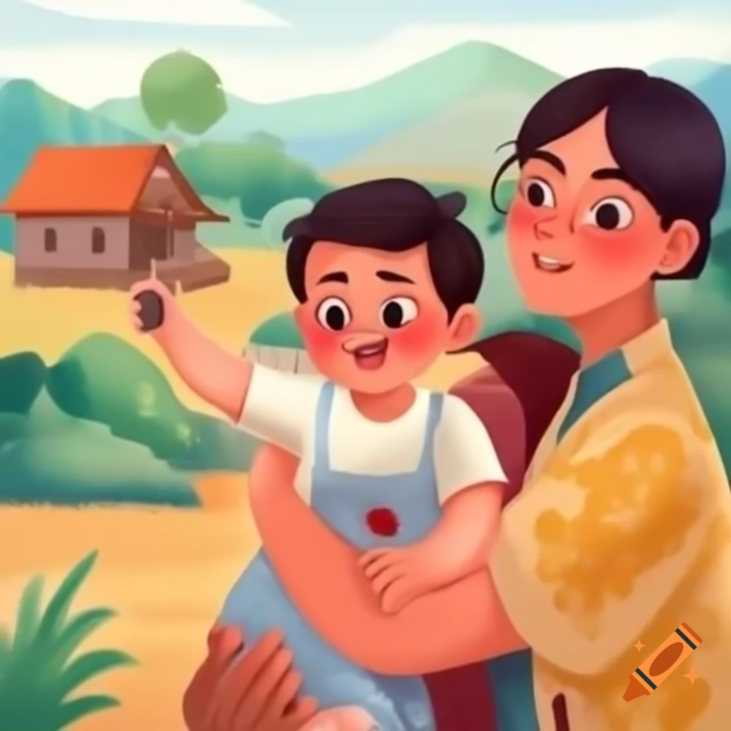 Son holding mother's hand with village scenery in the background on Craiyon