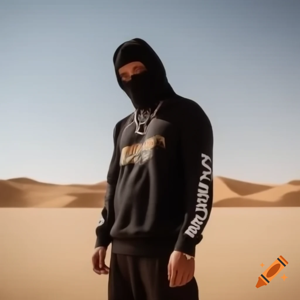 Attractive man in desert with rapper aesthetic wearing mask on Craiyon