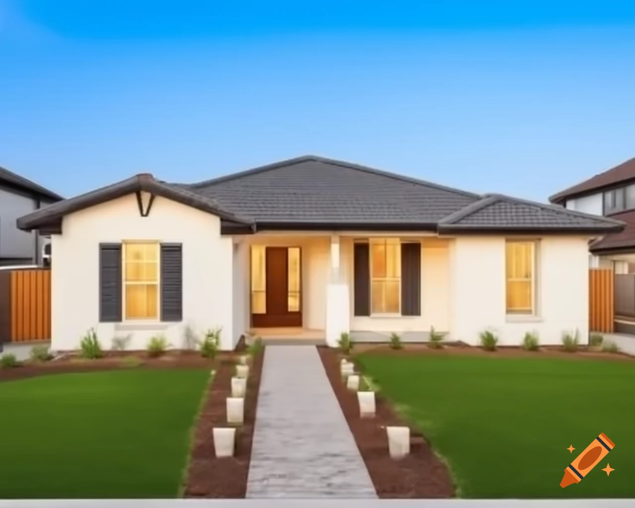 Single-story house with cream stucco exterior and well-kept front yard ...