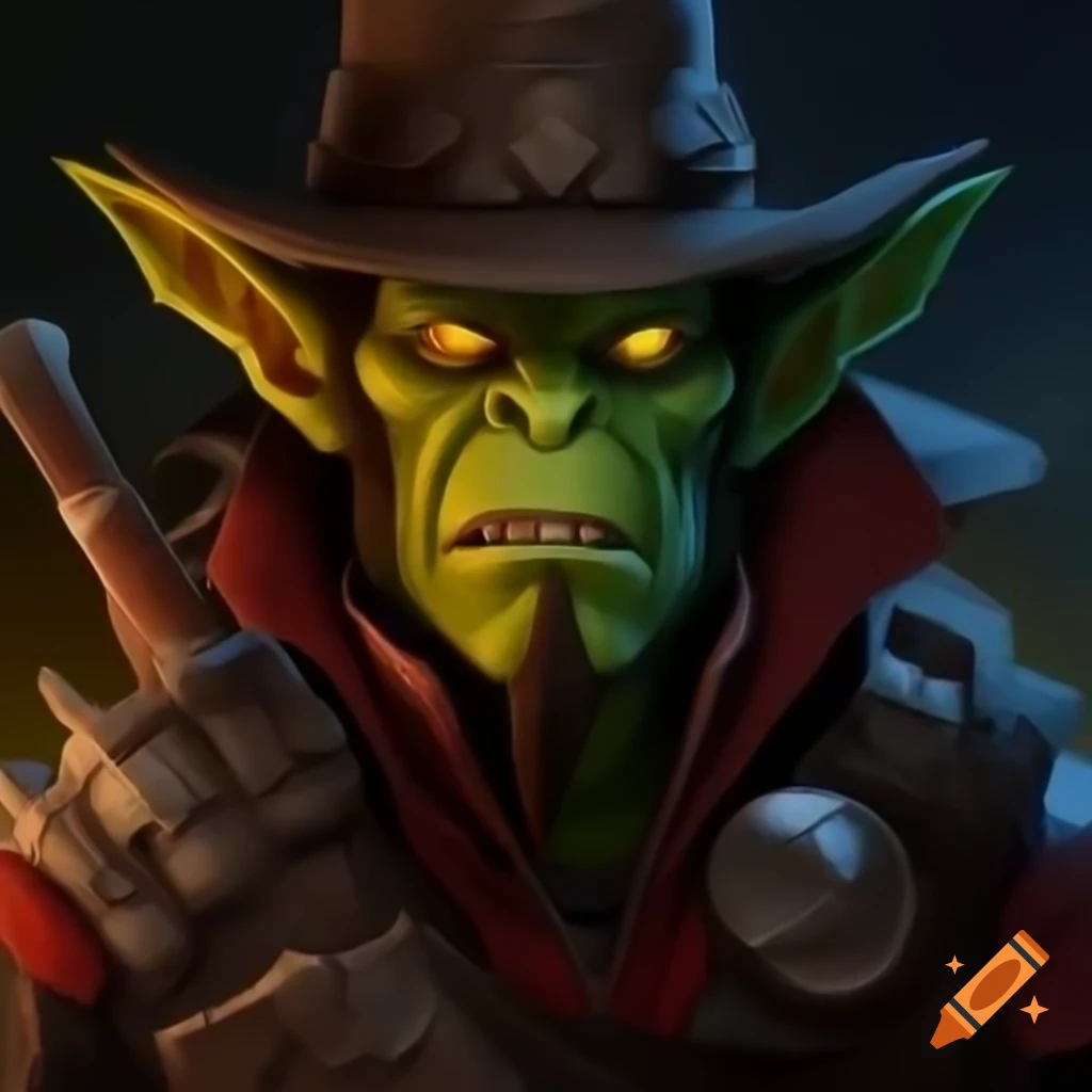 Goblin bounty hunter with cowboy hat and glowing yellow eyes on Craiyon