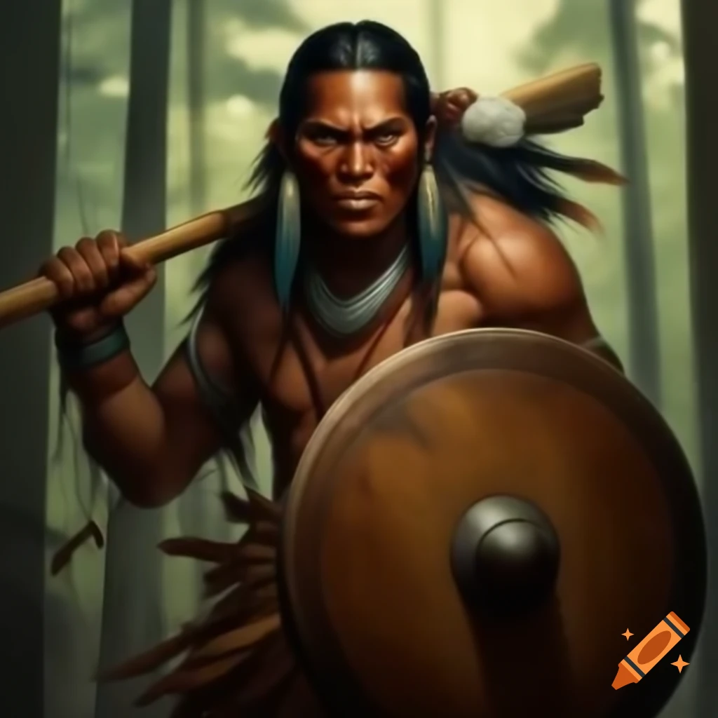 Native American warrior with club and shield in forest on Craiyon
