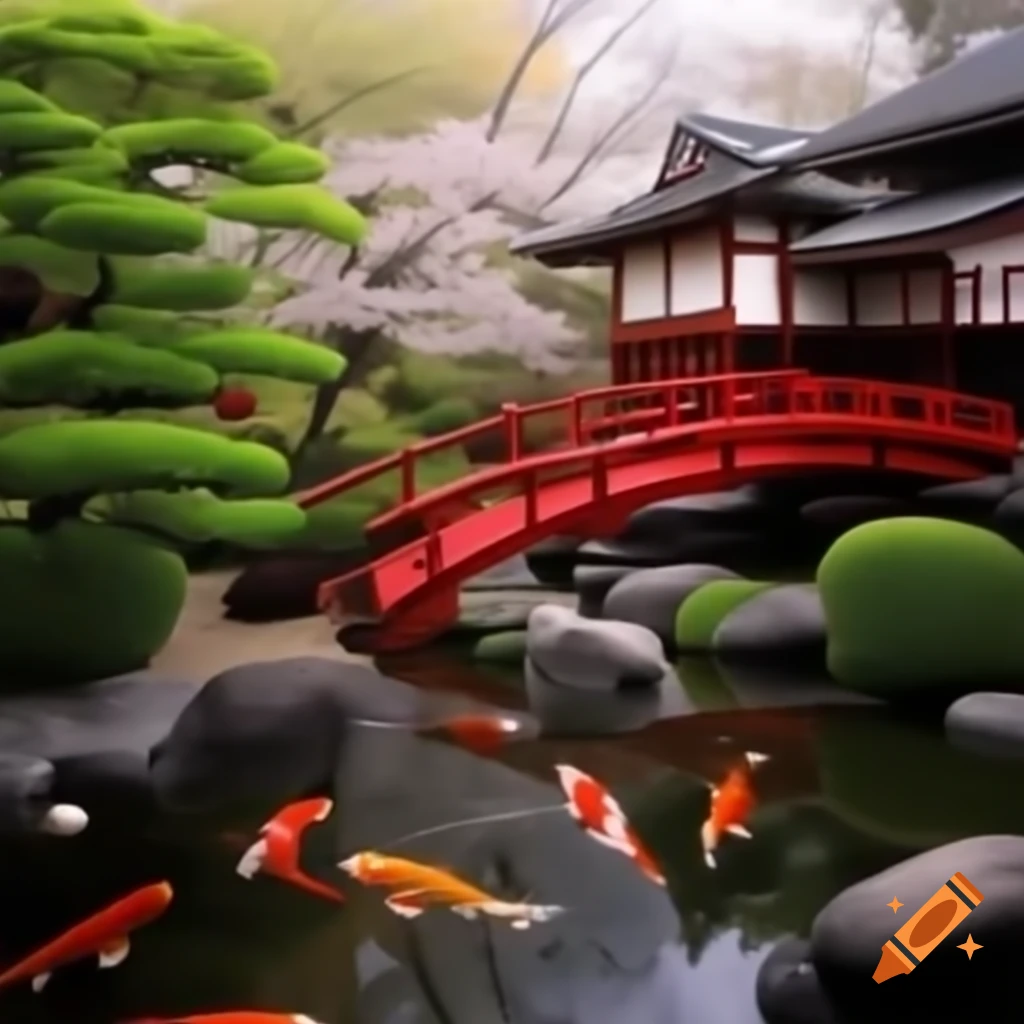 Traditional Japanese garden with koi pond, red bridge, and blooming ...