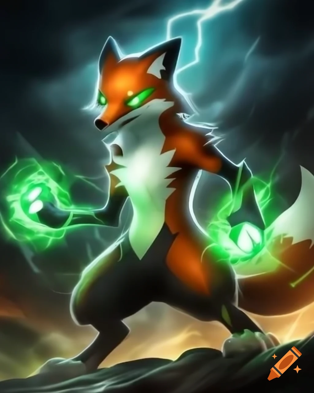Electric Pokemon fox with green eyes in an intense battle during storm ...