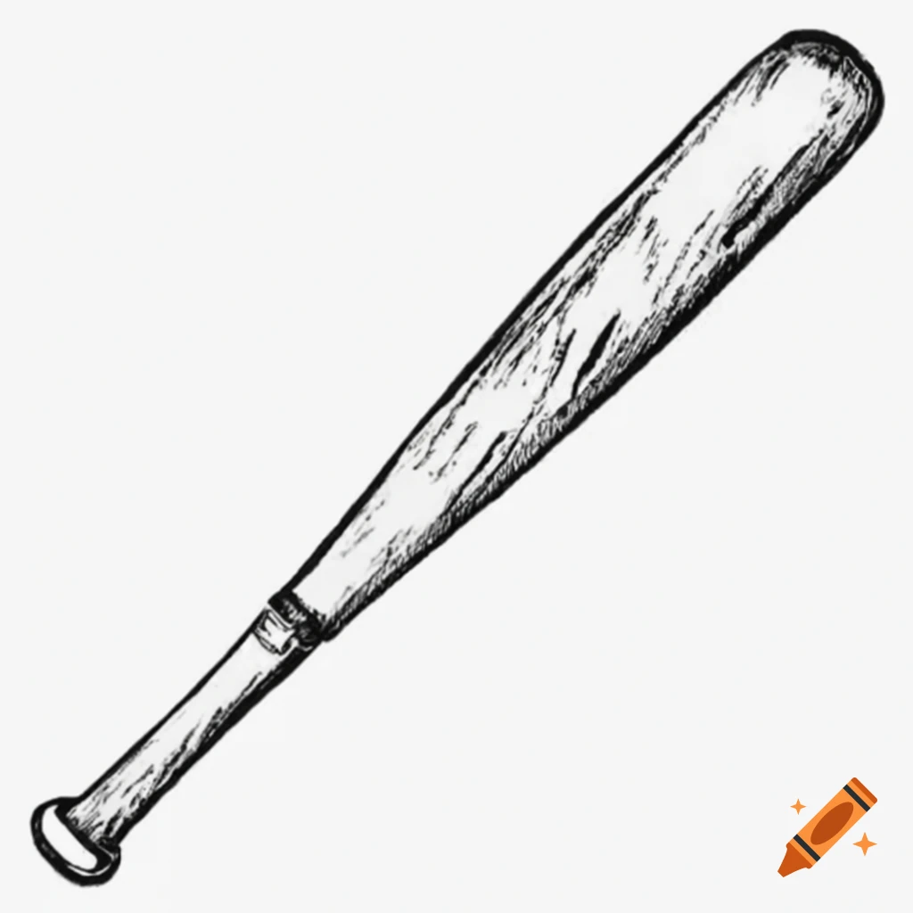 Black and white sketch of classic wooden baseball bat featuring ...