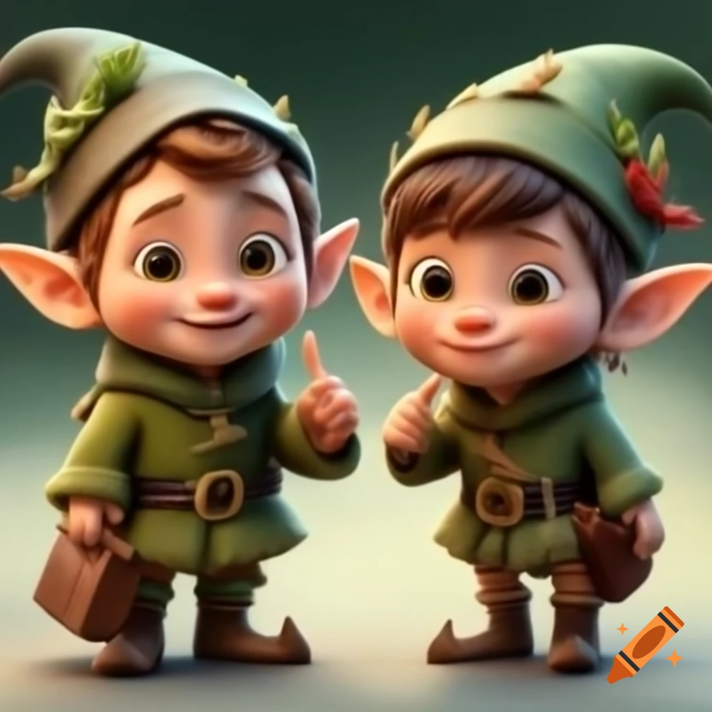 Two happy elves, one signaling for silence, the other holding boots on ...