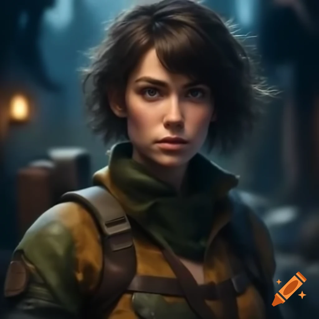 Tough female rogue in worn clothing with mischievous eyes in fantasy ...