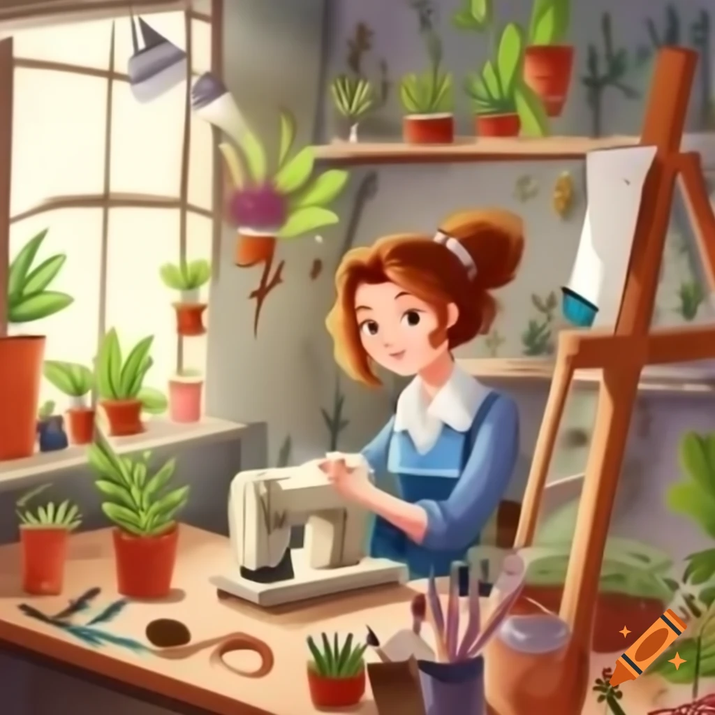 Female artist crafting and sewing in workshop filled with plants on Craiyon