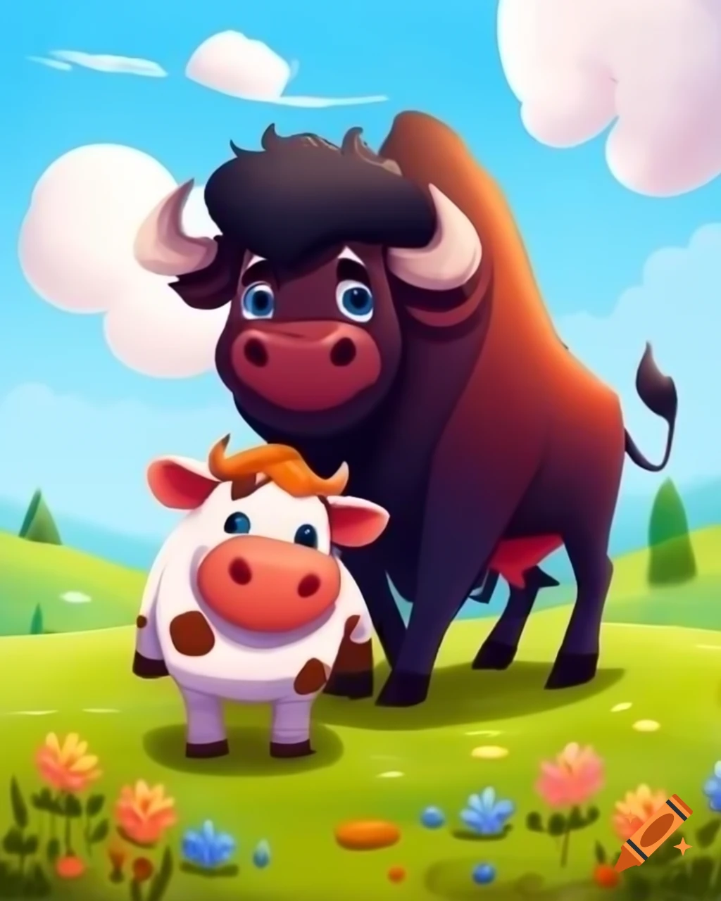 Disney-style animated cow with bison in picturesque meadow on Craiyon
