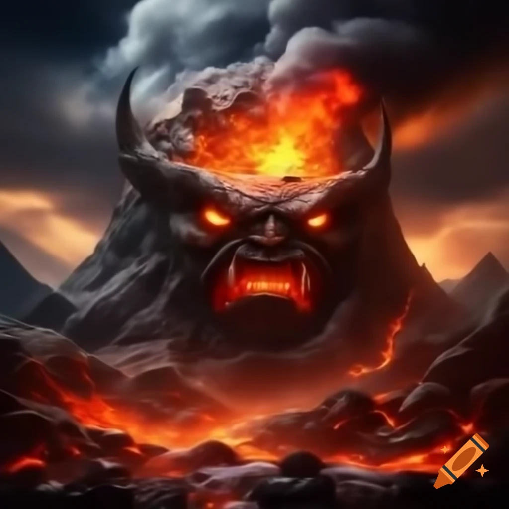 Volcano monster with angry eyebrows and lava erupting on Craiyon