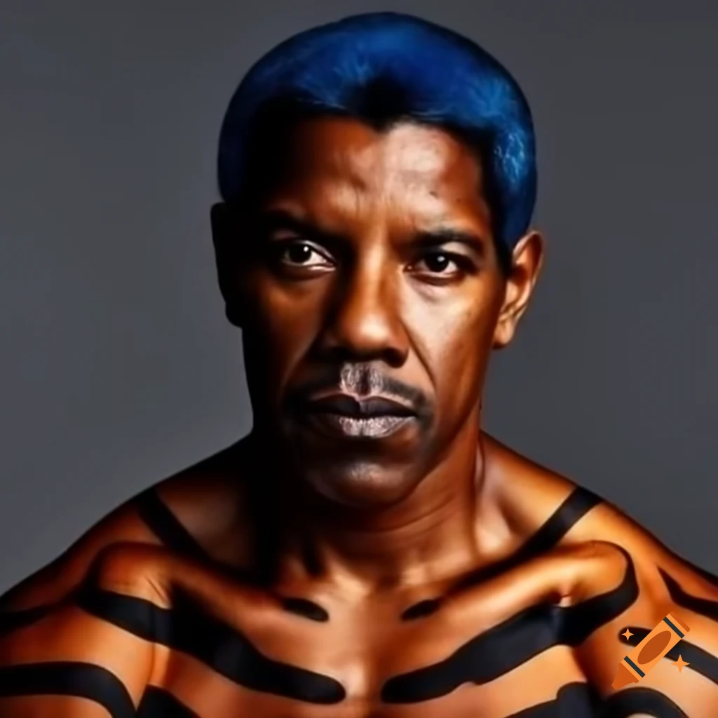 Muscular figure resembling Denzel Washington with tiger-style makeup ...