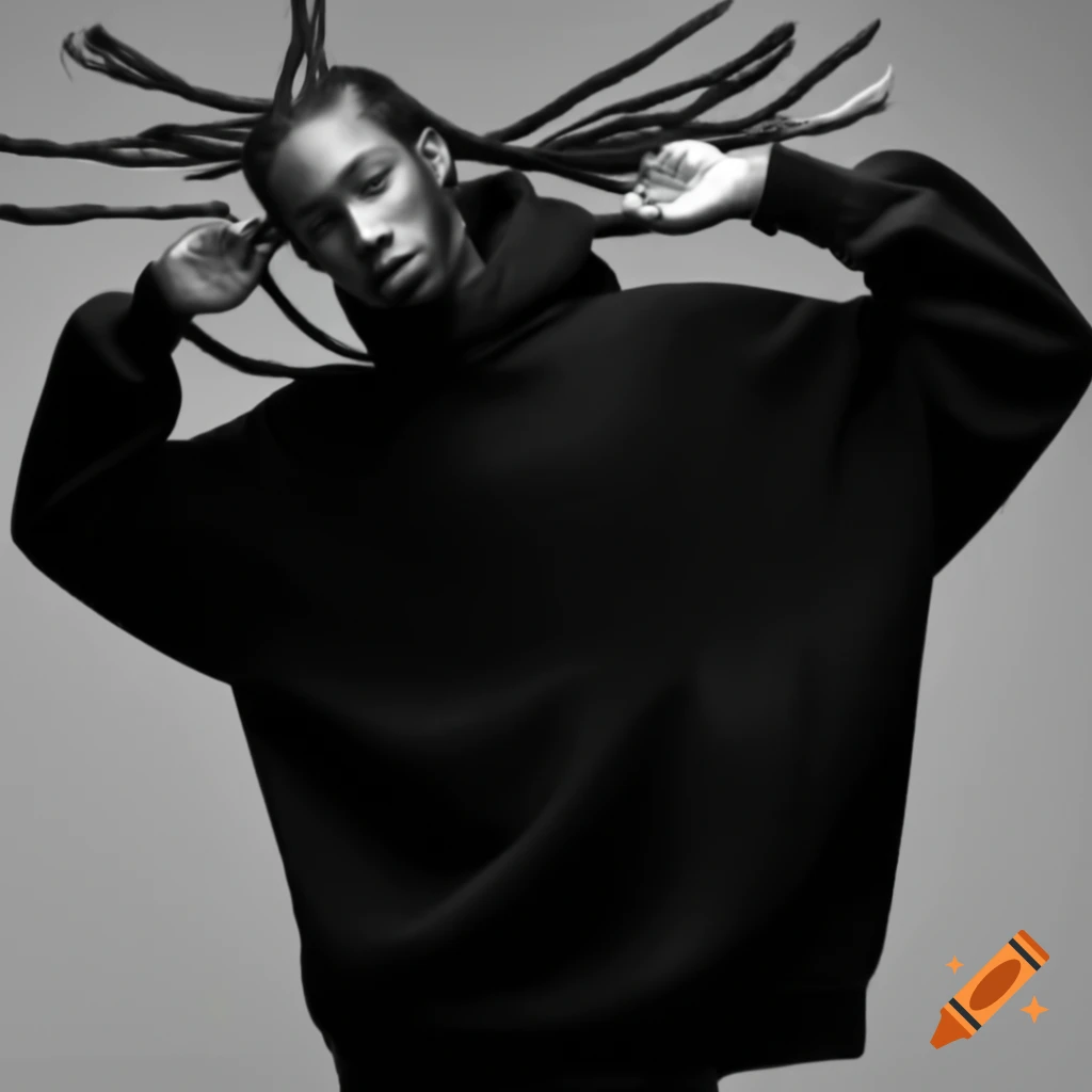 Black male model in black boxy hoodie striking dynamic pose on Craiyon