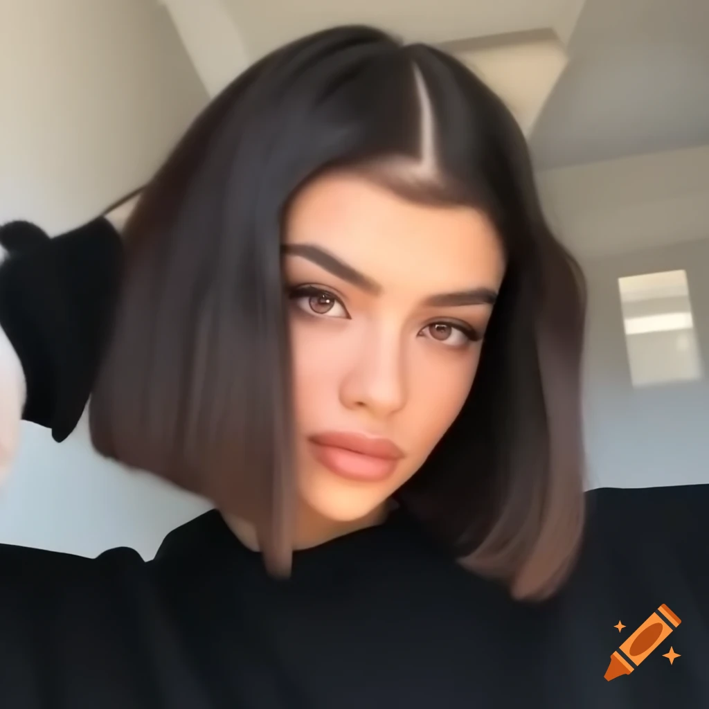 Young Mediterranean woman with thick dark brown hair in asymmetrical ...