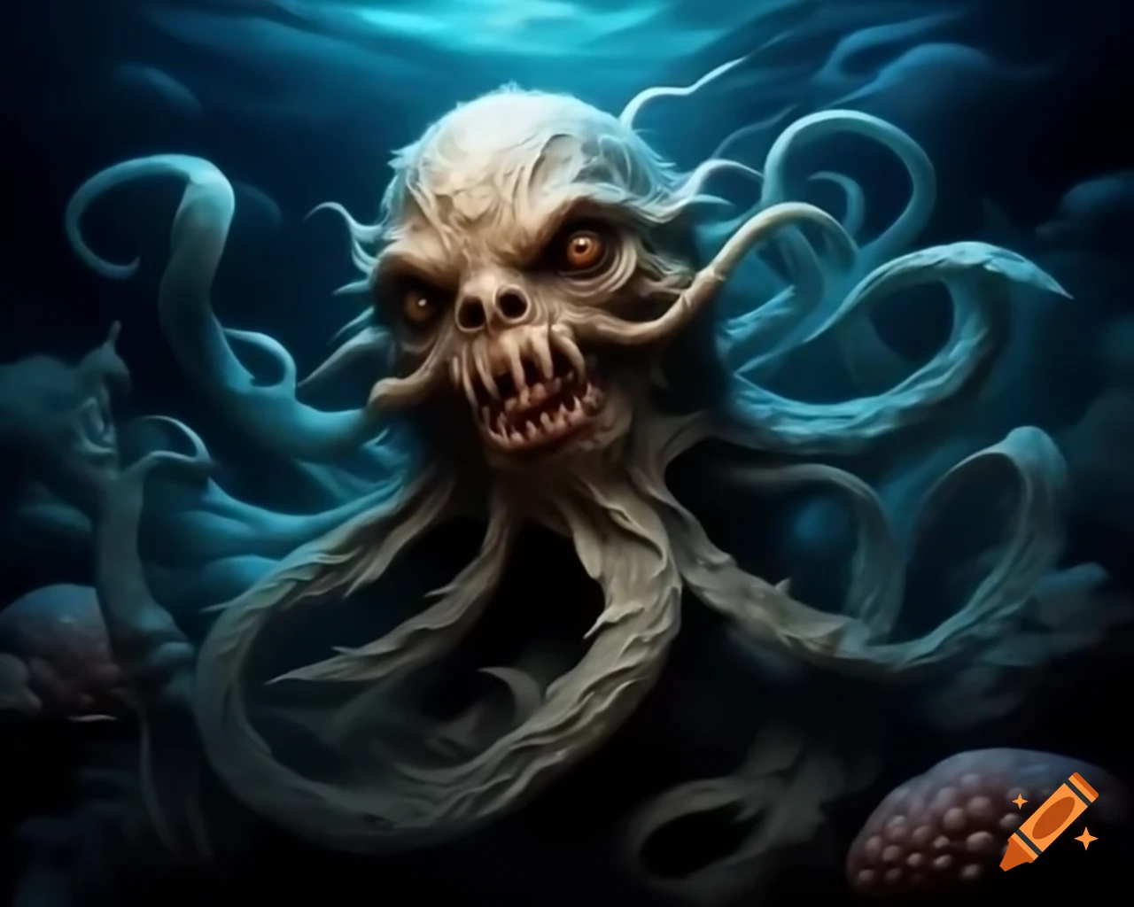 Deformed sea creature and astronaut wendigo in dark fantasy art on Craiyon