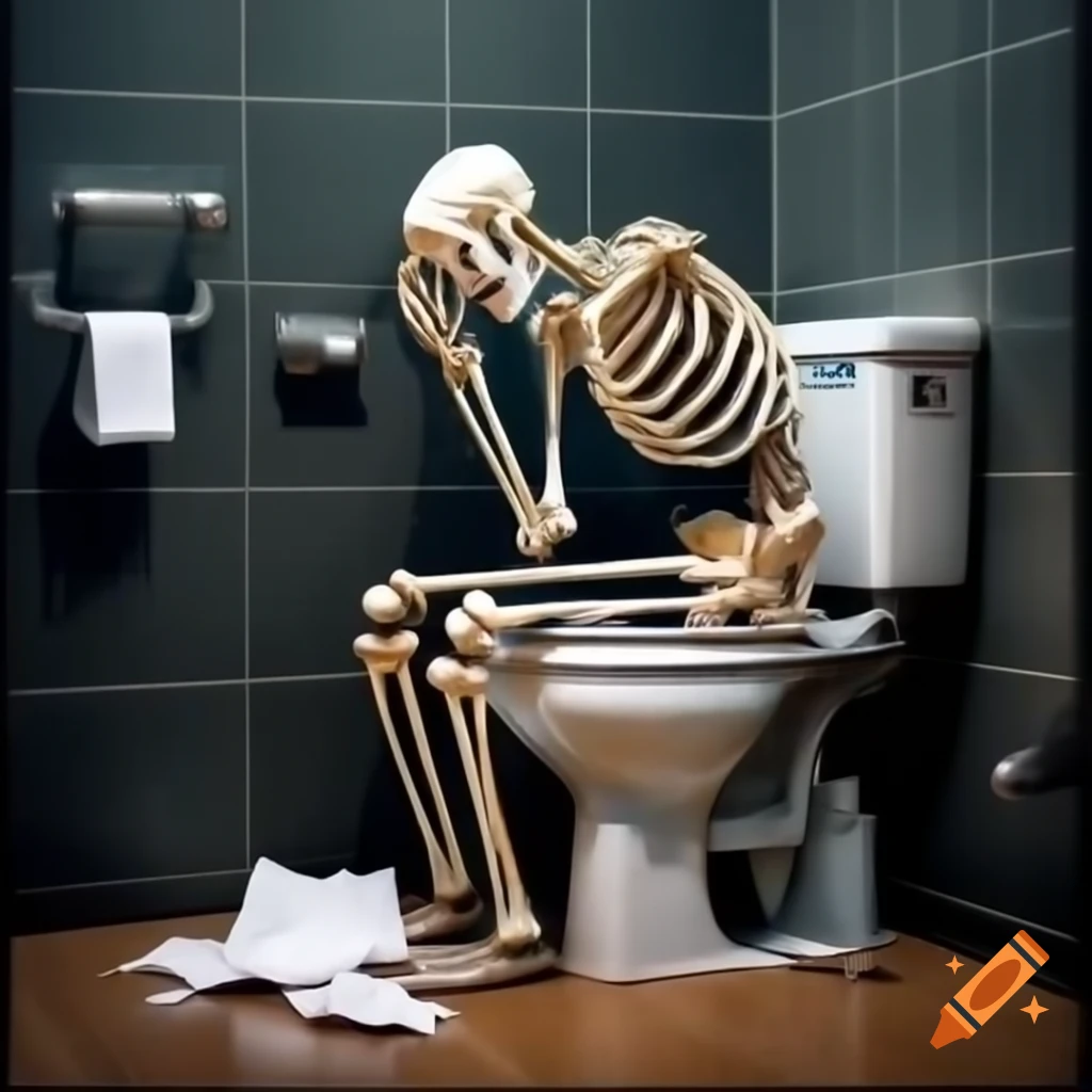 Humorous skeleton sitting on toilet asking for toilet paper on Craiyon