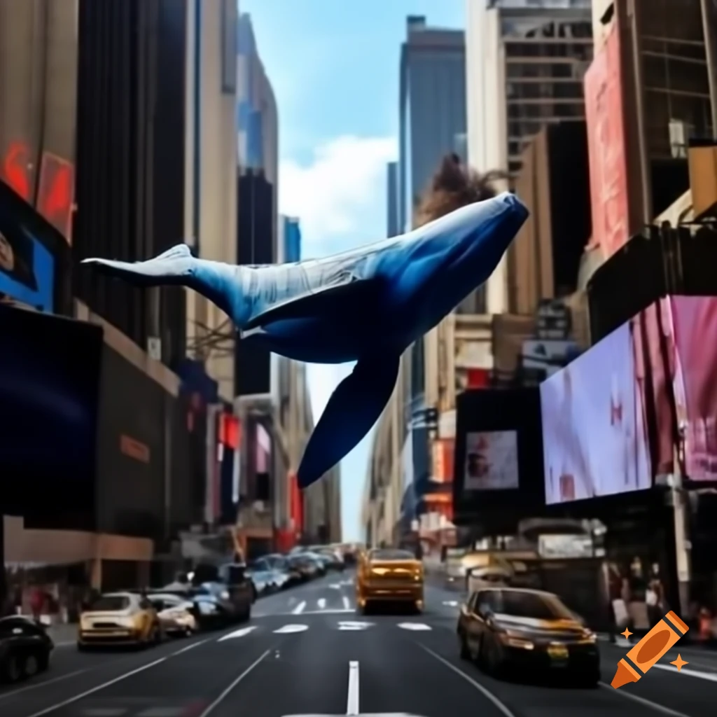 Blue whale flying over Times Square, low-angle view through skyscrapers ...