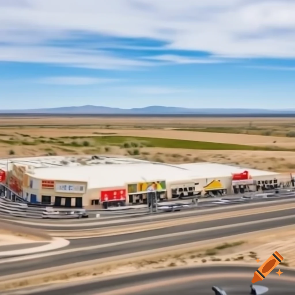 Exterior view of a large strip mall shopping center in semi-rural ...